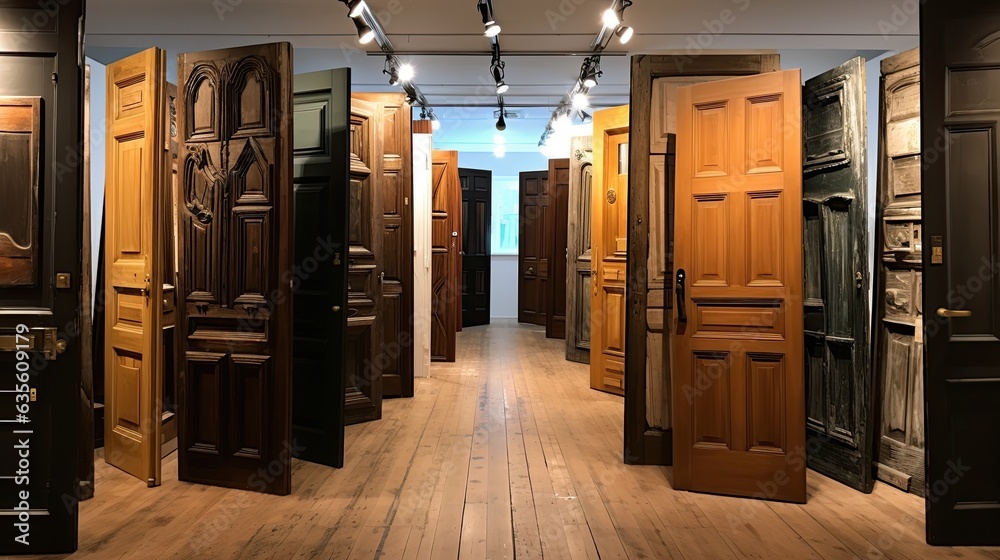 Door and window trade full of doors on display in the showroom shop ...