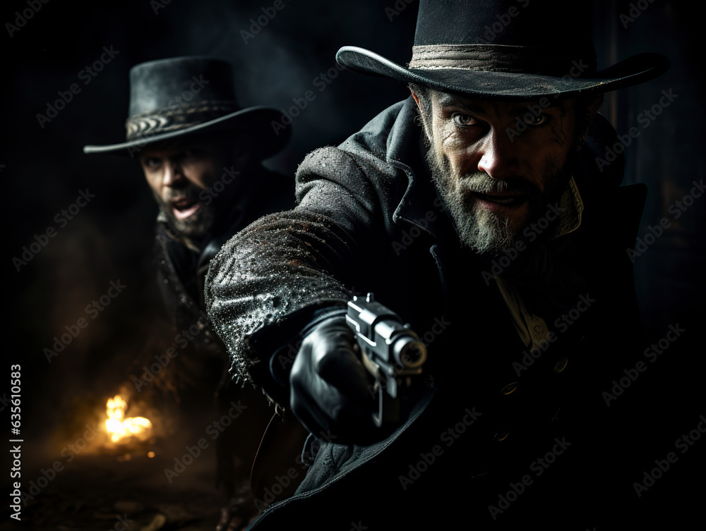 Gunslinger in a tense showdown, taking careful aim with his revolver ...