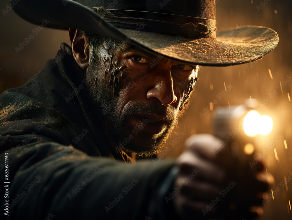 Gunslinger in a tense showdown, taking careful aim with his revolver ...