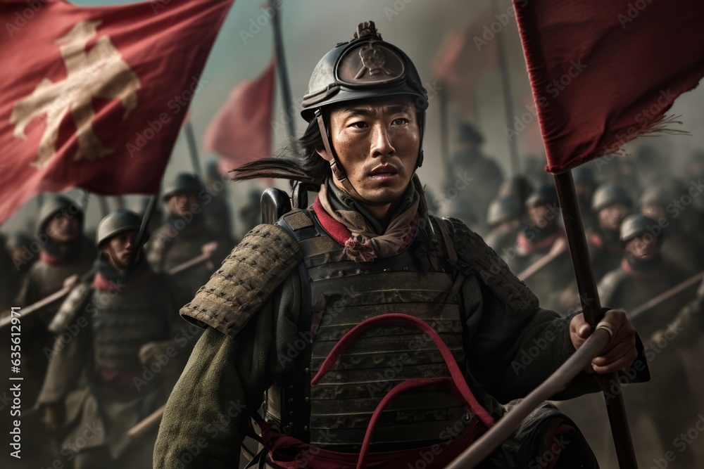 Medieval Chinese Soldier Wearing A Helmet And Carrying A Spear Proudly ...