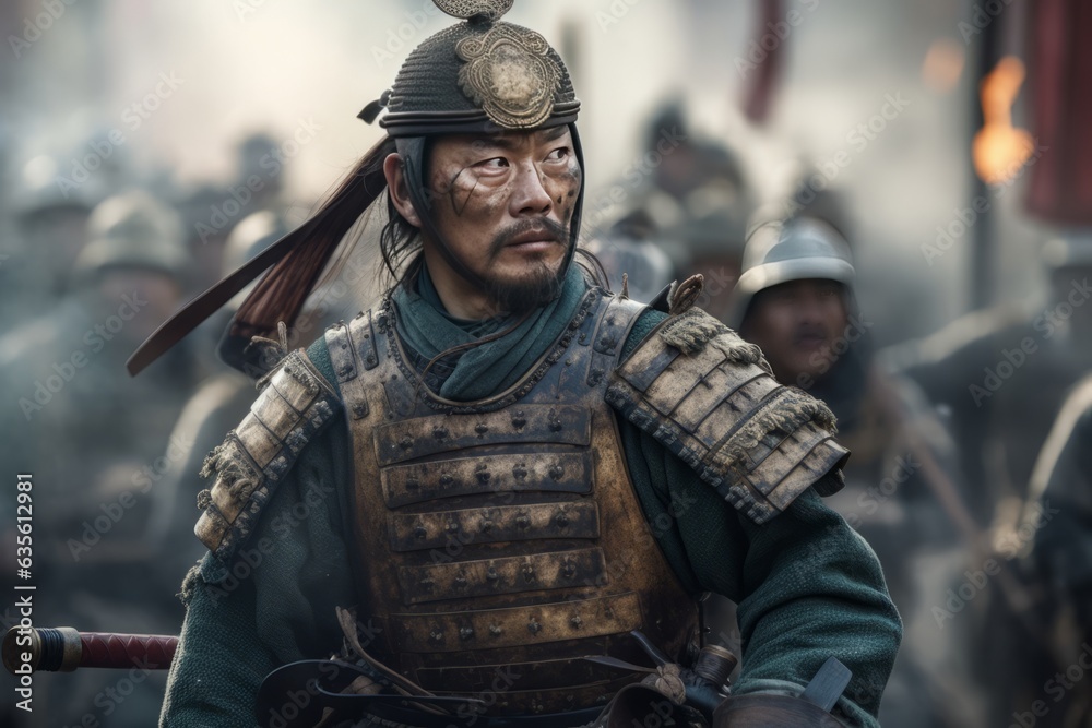 Medieval Chinese Soldier Wearing A Helmet And Traditional Armors In The ...