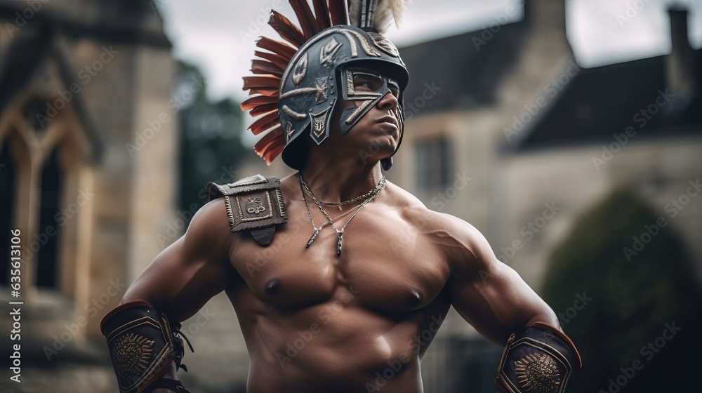 Muscular Aztec warrior in a heroic pose at a tribal gathering in a ...