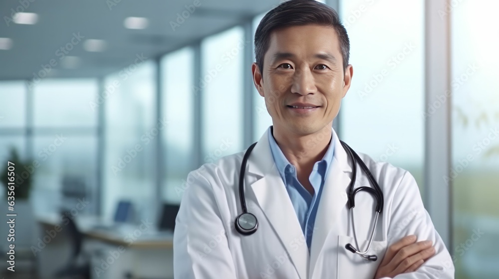 Asian male doctor standing in a hospital with his arms crossed Stock ...