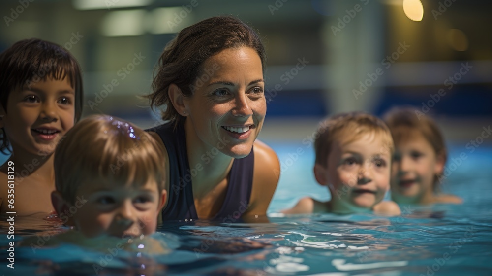 Female teacher giving swimming lessons to children in indoor pool ...