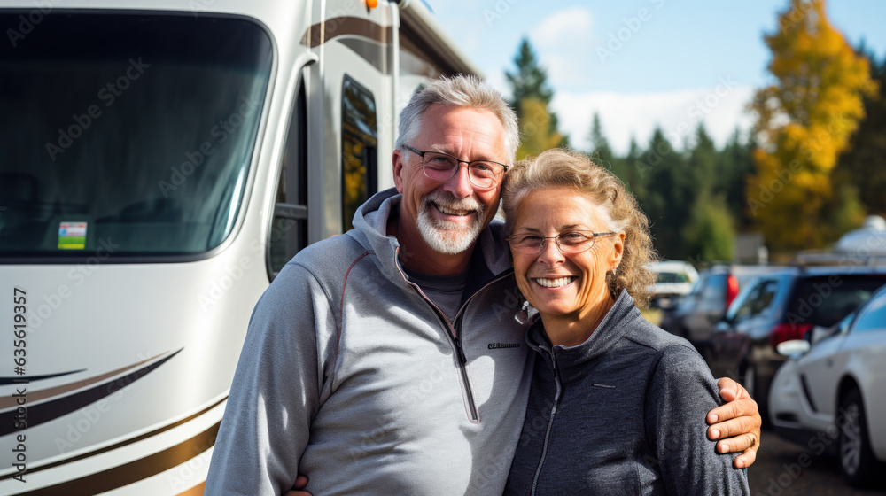 Hipster senior couple ready for roadtrip on oldtimer mini van transport ...