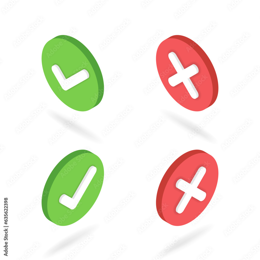 Isometric checkmark and cross mark button set. 3d tick and X icons. Yes ...