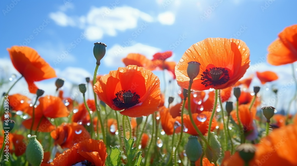 poppy flowers with morning dew water drops on wild field,bee and ...