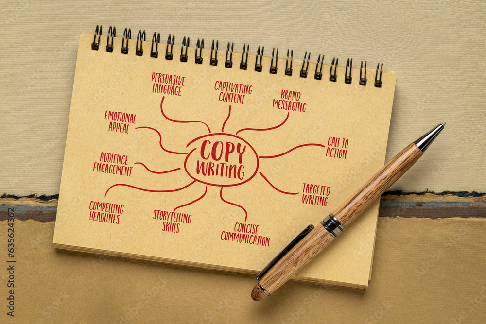 Poster copywriting infographics or mind map sketch in a spiral notebook ...