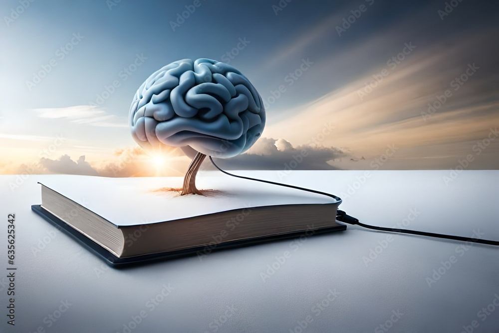 book and light, brain with book, Virtual brain over open book. Creative ...
