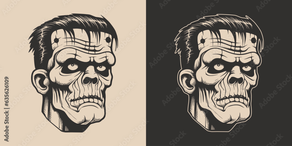 Vintage retro Halloween zombie dead frankenstein character face ...