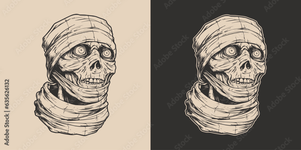Vektorová grafika „Vintage retro Halloween mummy character face ...