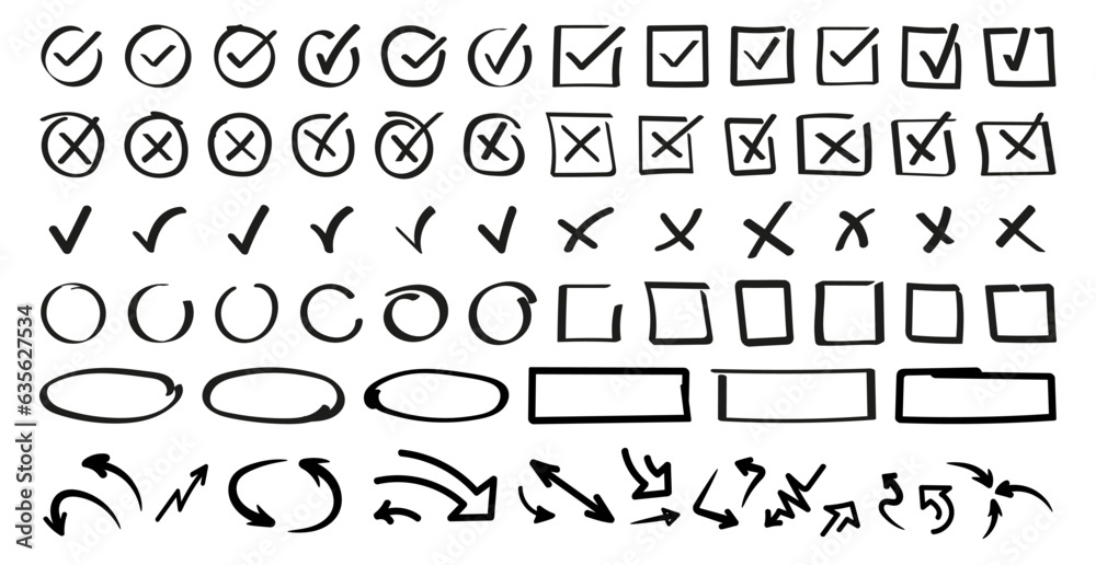 Doodle icon set. Check mark hand drawn with different circle arrows ...