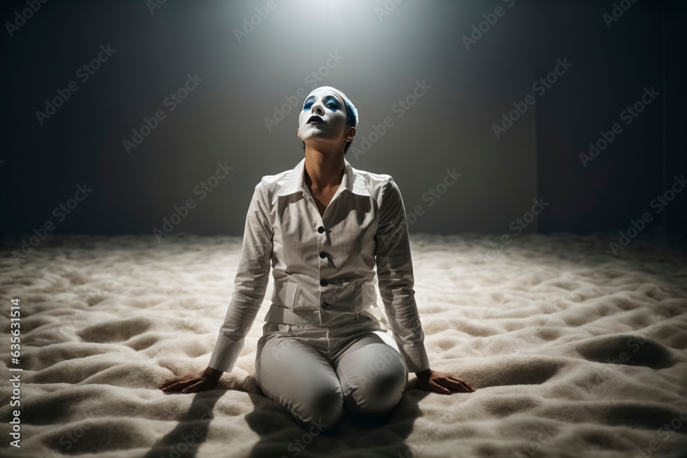 Expressive mime looking up, wearing a all white outfit in a position ...