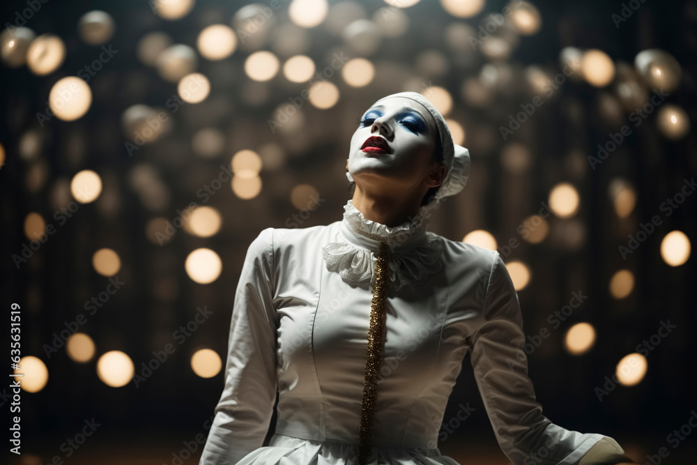 Expressive mime looking up, wearing a all white outfit in a position ...