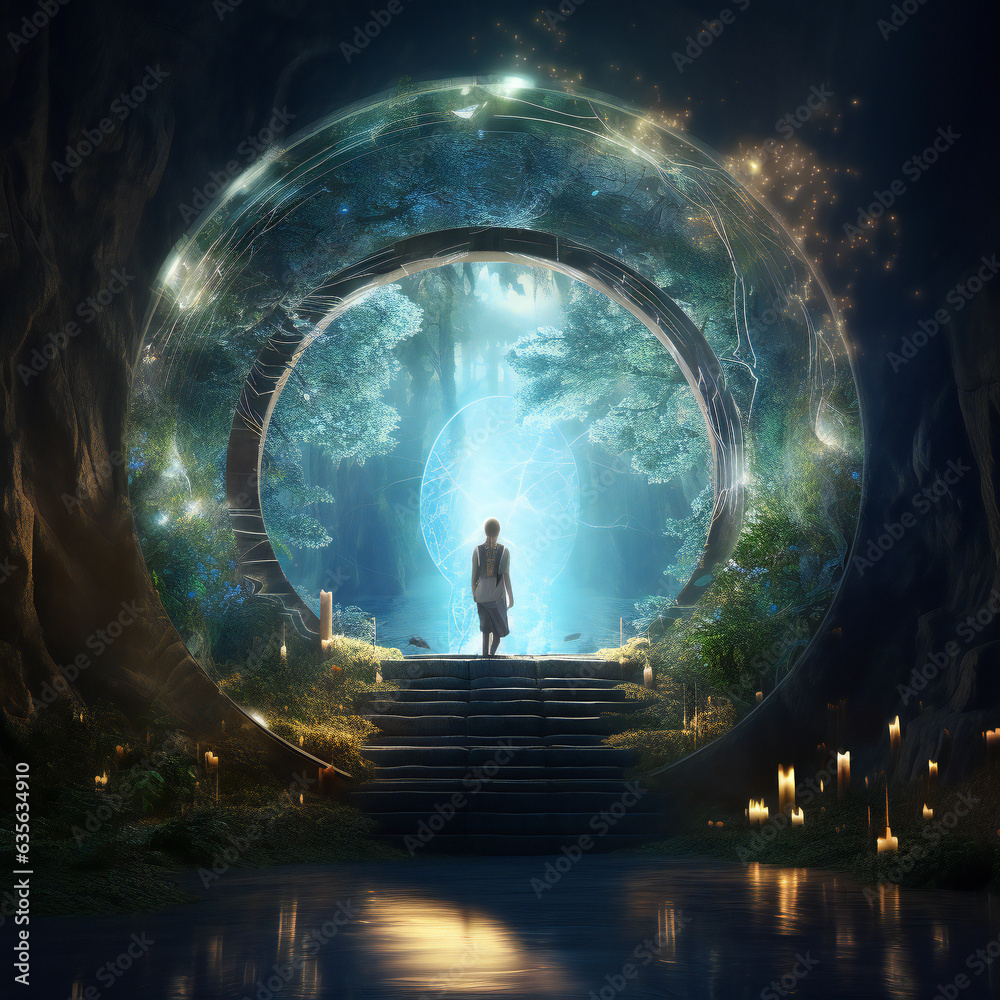 Vivid Magical Illustration Of A Man Passing Into A Portal With ...
