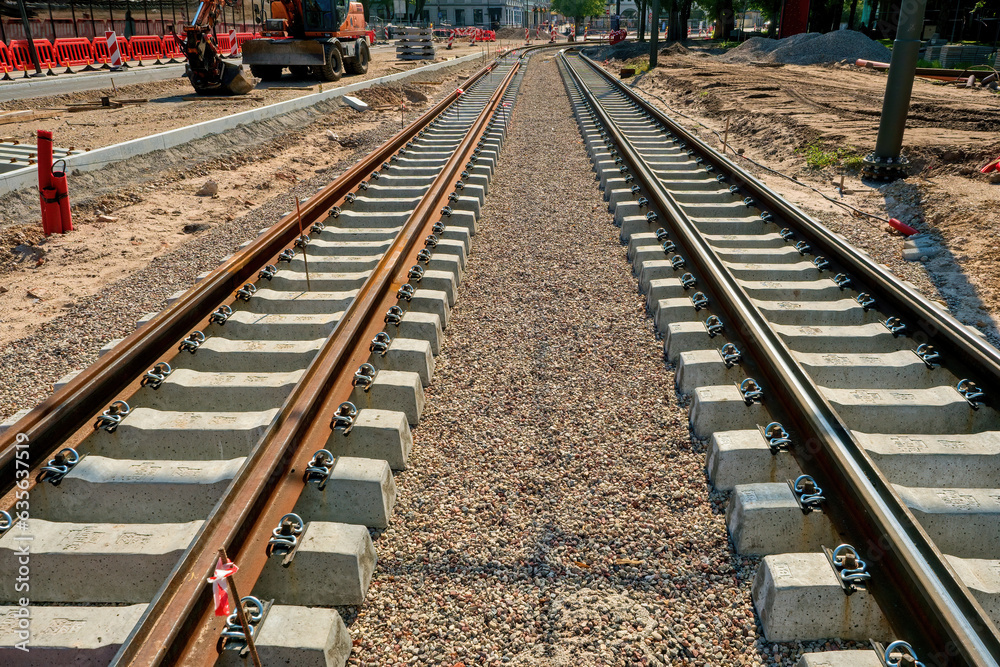 Installation of tram lines. Narrow gauge railway. Stock Photo | Adobe Stock