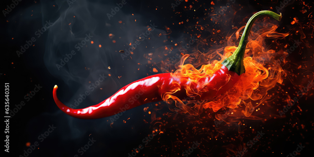 Red hot chilli pepper in fire on dark black background. Creative ...