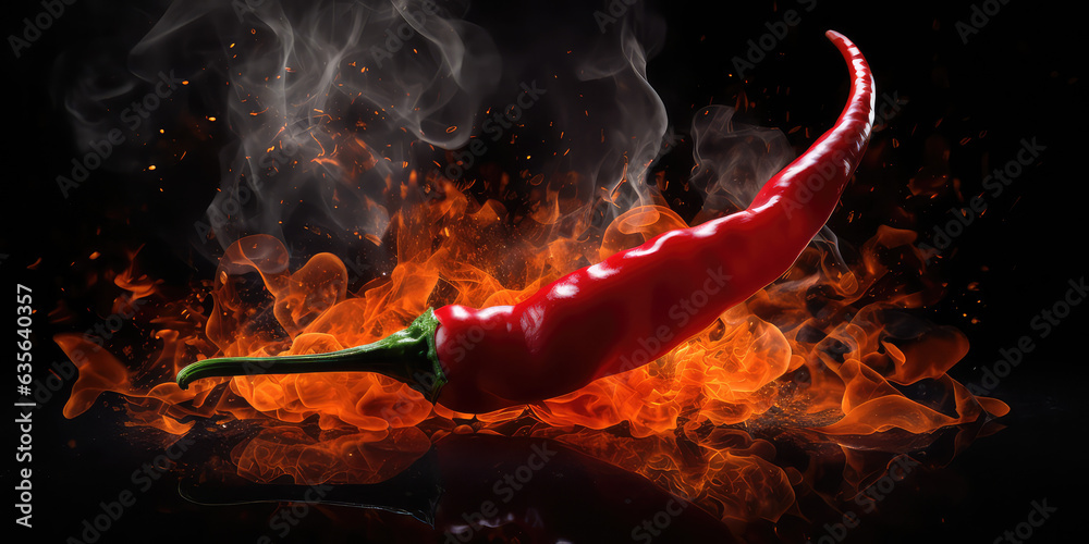 Red hot chilli pepper in fire on dark black background. Creative ...