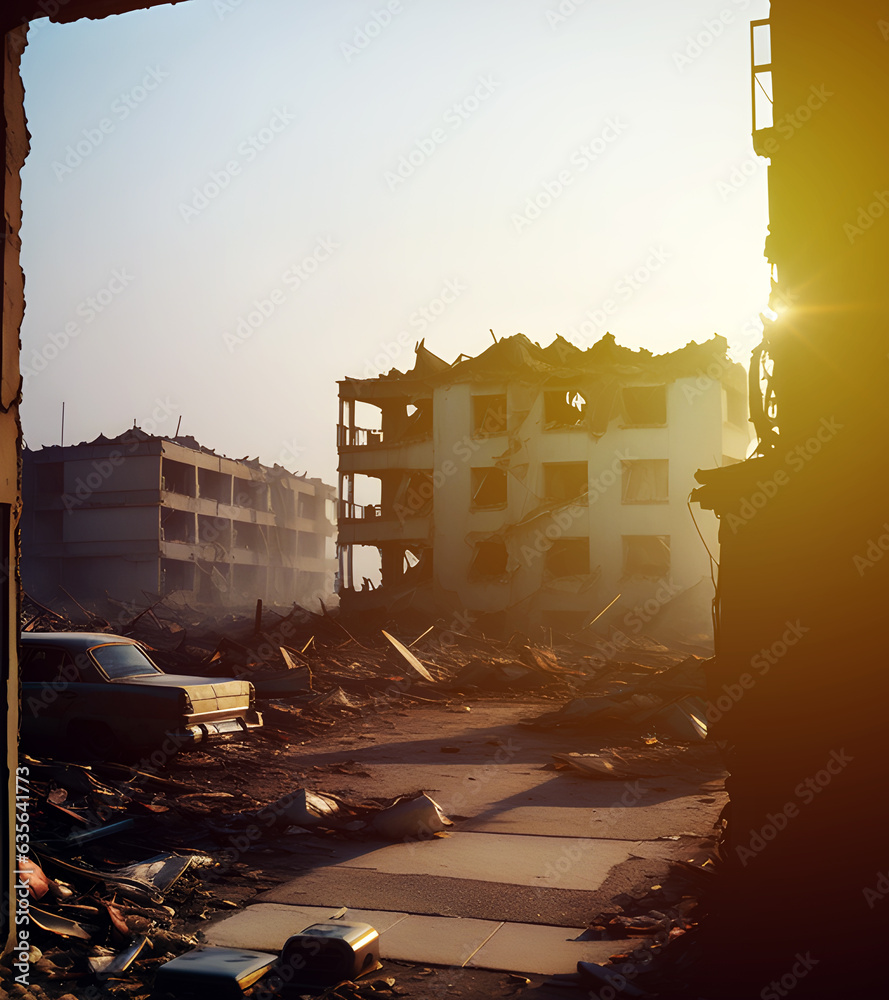 Ruined and demolished city with rundown buildings after nuclear bombing ...
