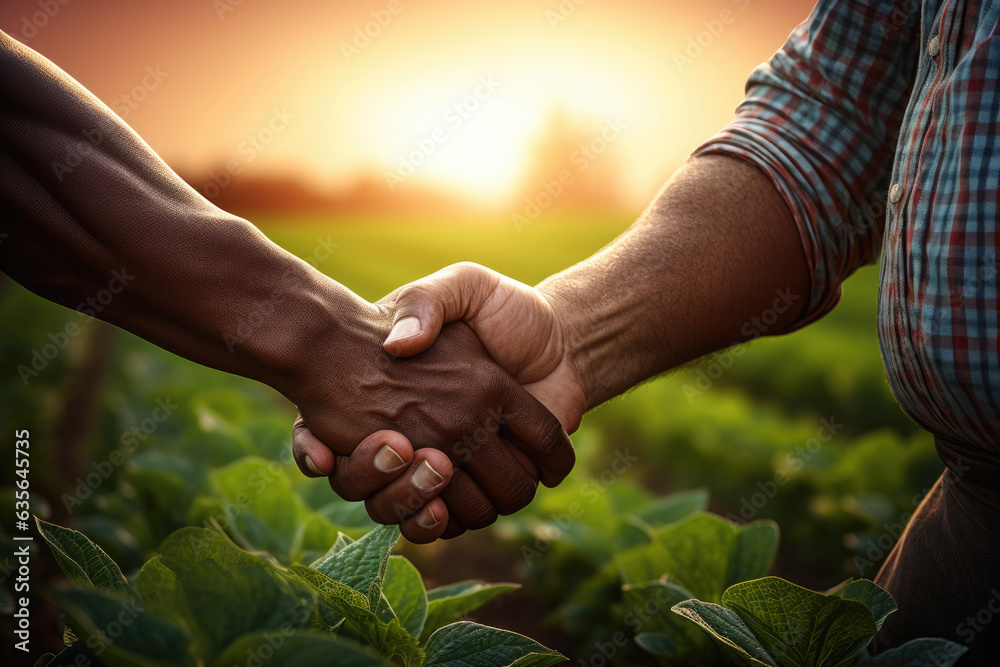 Two dedicated farmers shake hands in the midst of thriving green crops ...