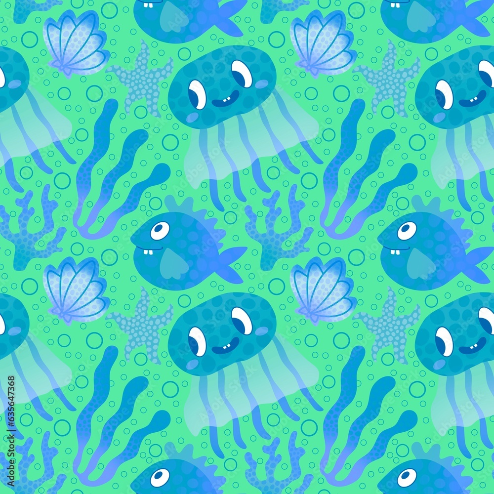 Cartoon fish seamless jellyfish and shall and coral pattern for fabrics ...