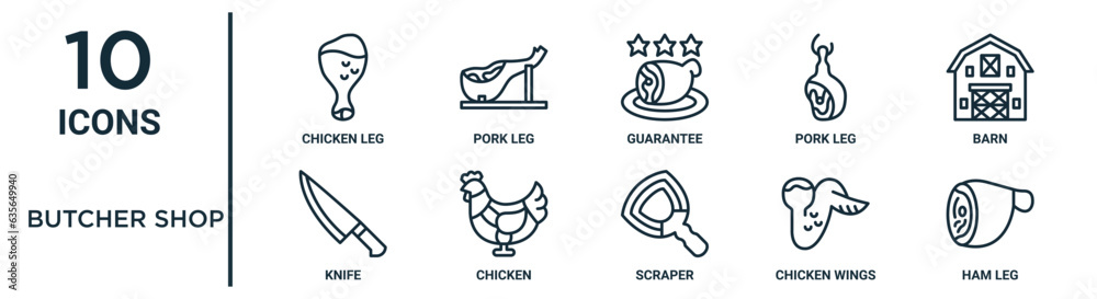 Vetor de butcher shop outline icon set such as thin line chicken leg ...