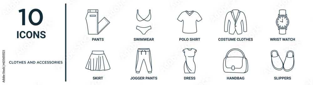 clothes and accessories outline icon set such as thin line pants, polo ...