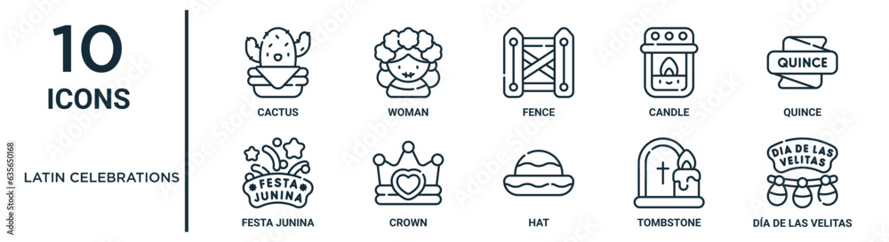 latin celebrations outline icon set such as thin line cactus, fence ...
