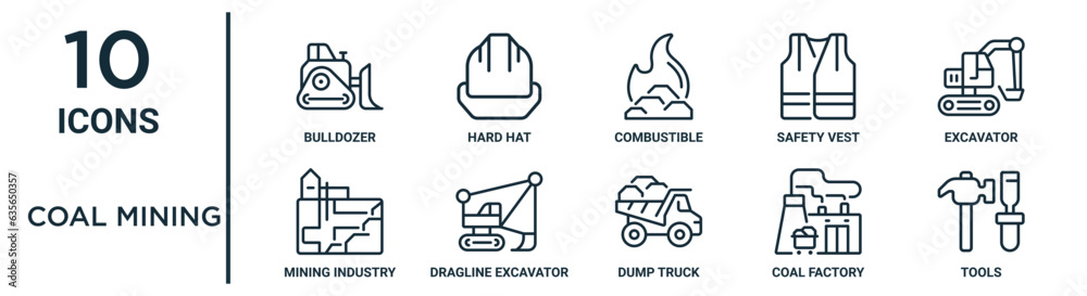 coal mining outline icon set such as thin line bulldozer, combustible ...