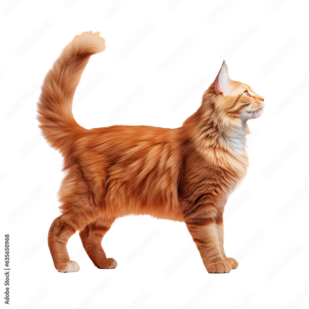 Cheerful ginger Maine Coon cat strutting with raised tail and grooming ...