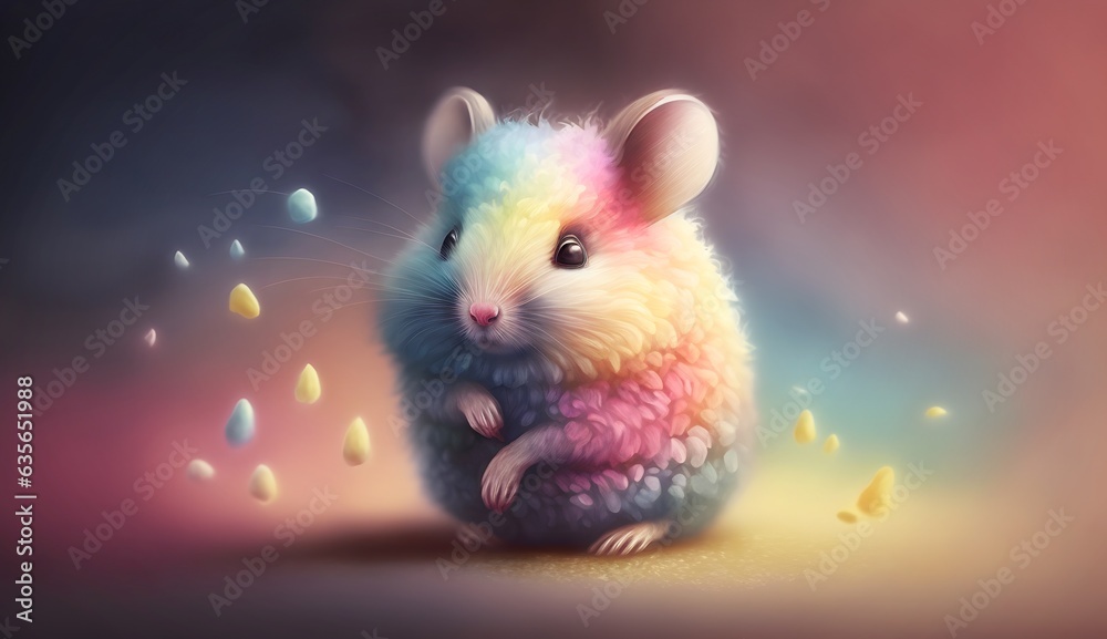 Cute realistic pastel rainbow colored paint hamster with curly fur ...