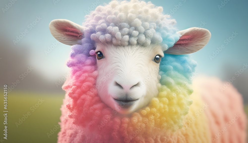Cute realistic pastel rainbow colored paint sheep with curly fur ...
