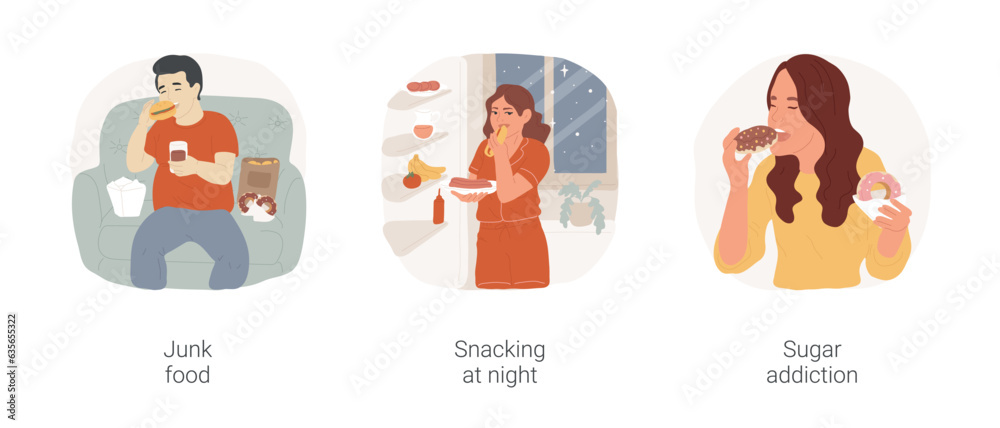Bad food habits isolated cartoon vector illustration set. Teenage ...