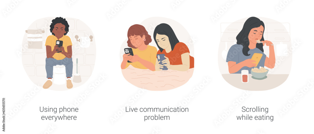 Screen overuse isolated cartoon vector illustration set. Using phone ...