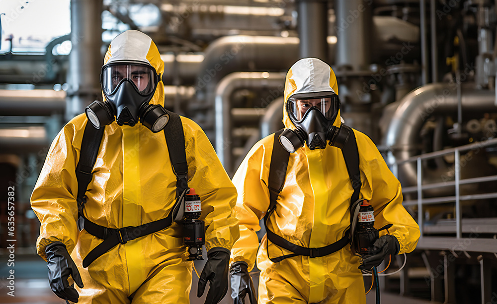 Two people wearing yellow suits and gas masks in a factory Stock Photo ...