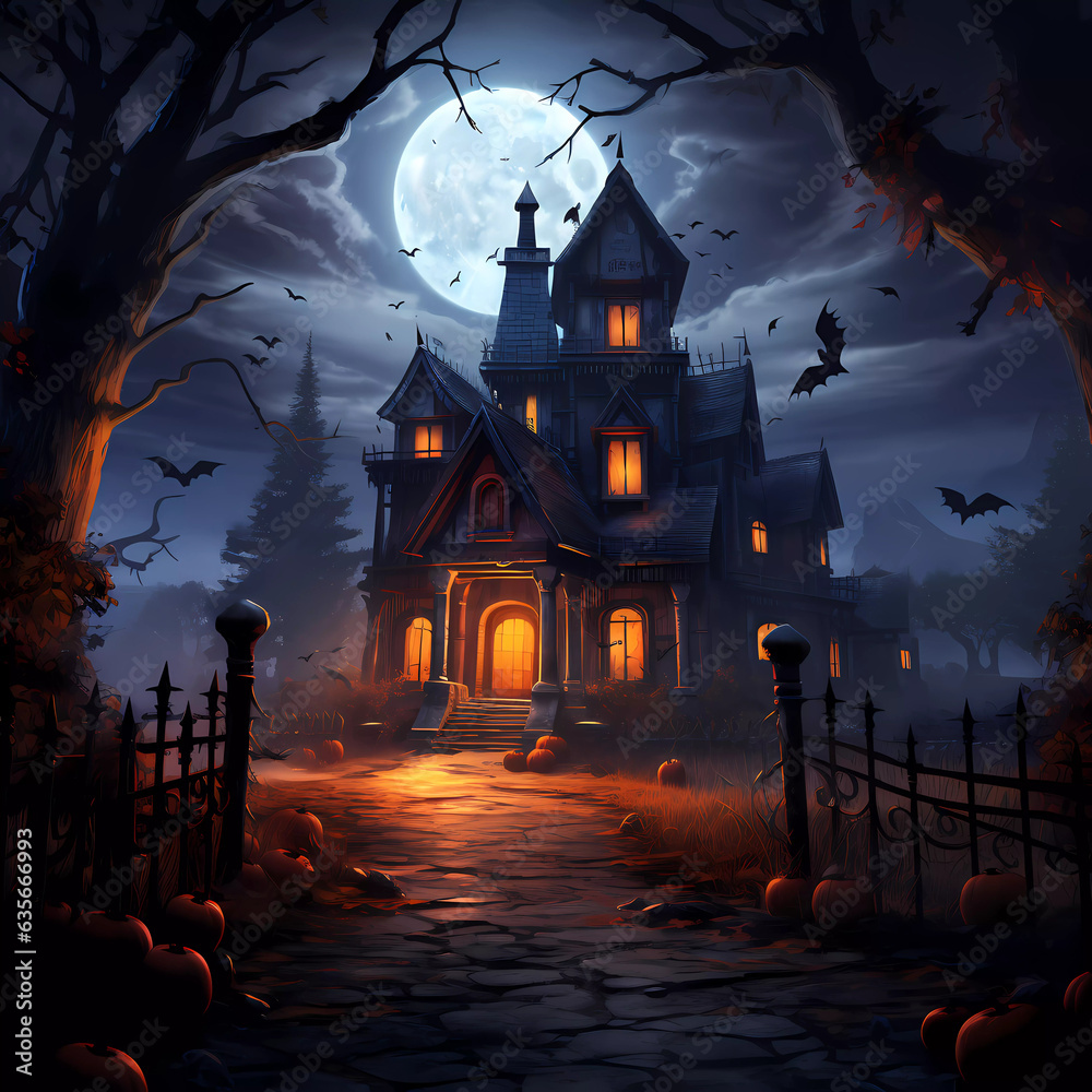 Haunted House on Halloween Night, Spooky House Under Full Moon, Flying ...