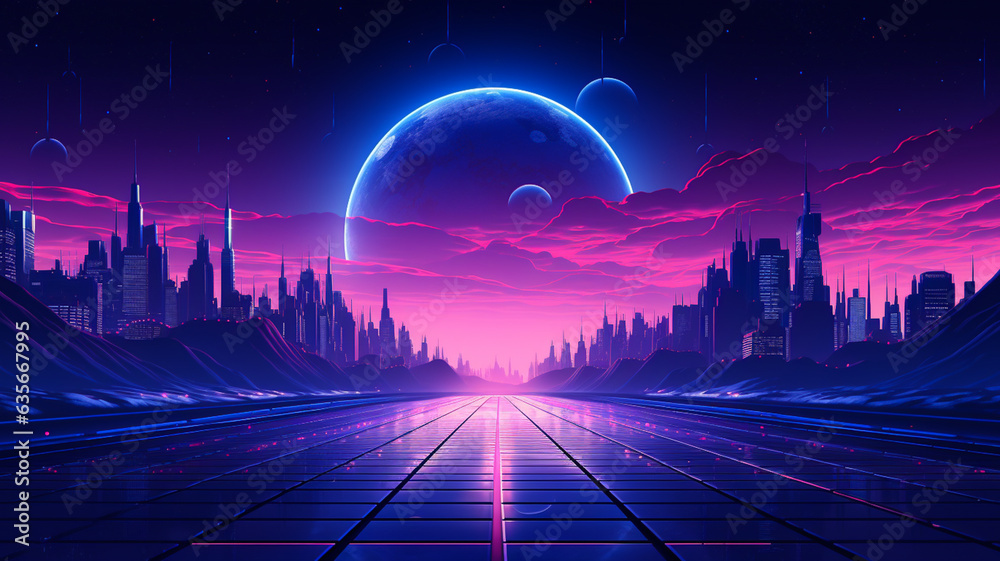 Synthwave 3d retro cyberpunk style landscape background banner or ...