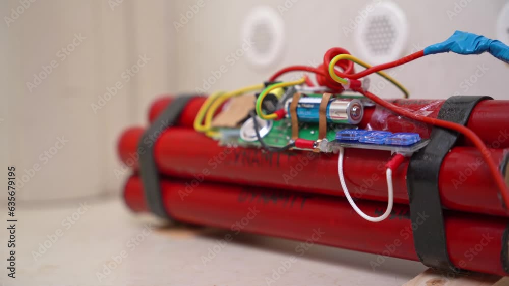 Dog paw pushes a homemade red bomb to the door, dynamite, checks the ...