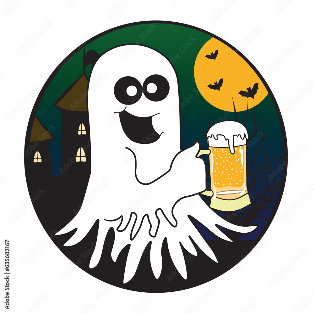 Fun cute Ghost holding a big glass of beer inside a circle with ...
