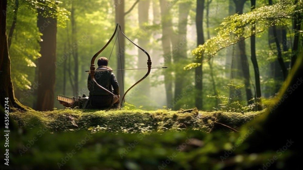 skilled archer drawing a bow in a quiet forest generative ai Stock ...