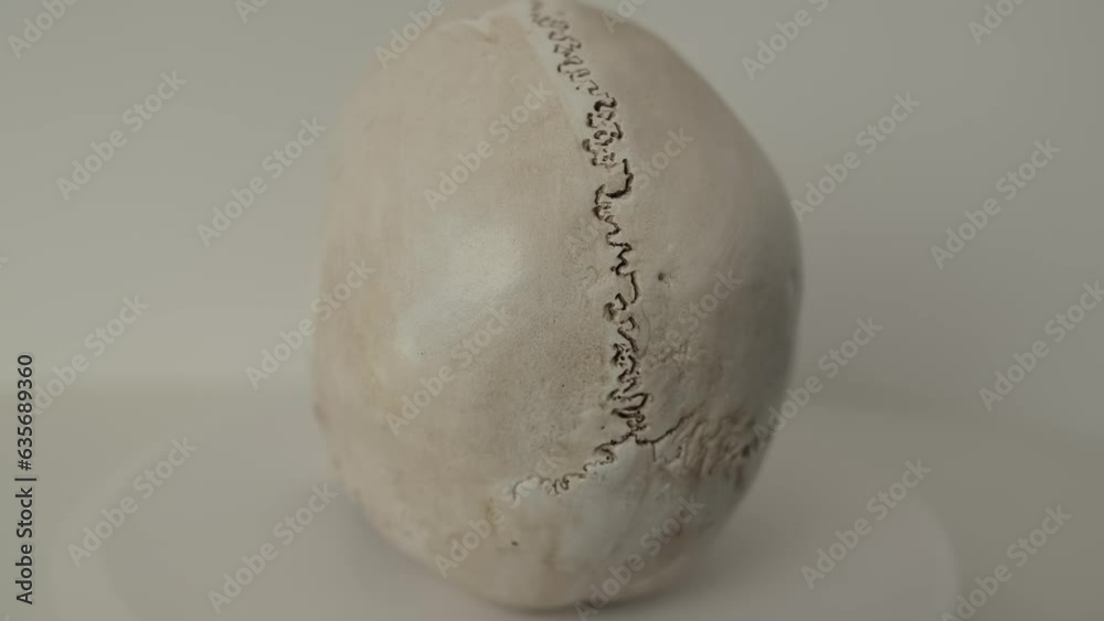 Human skull spinning on light surface, isolated studio background. Old ...
