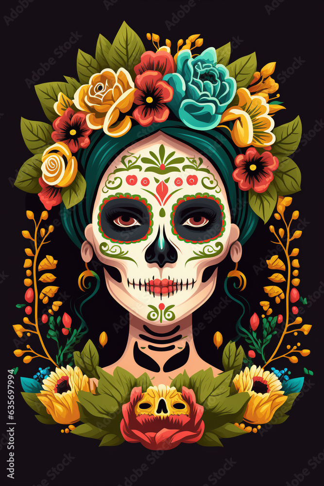Generative AI. Dia de los muertos festive poster with horrible beauty ...