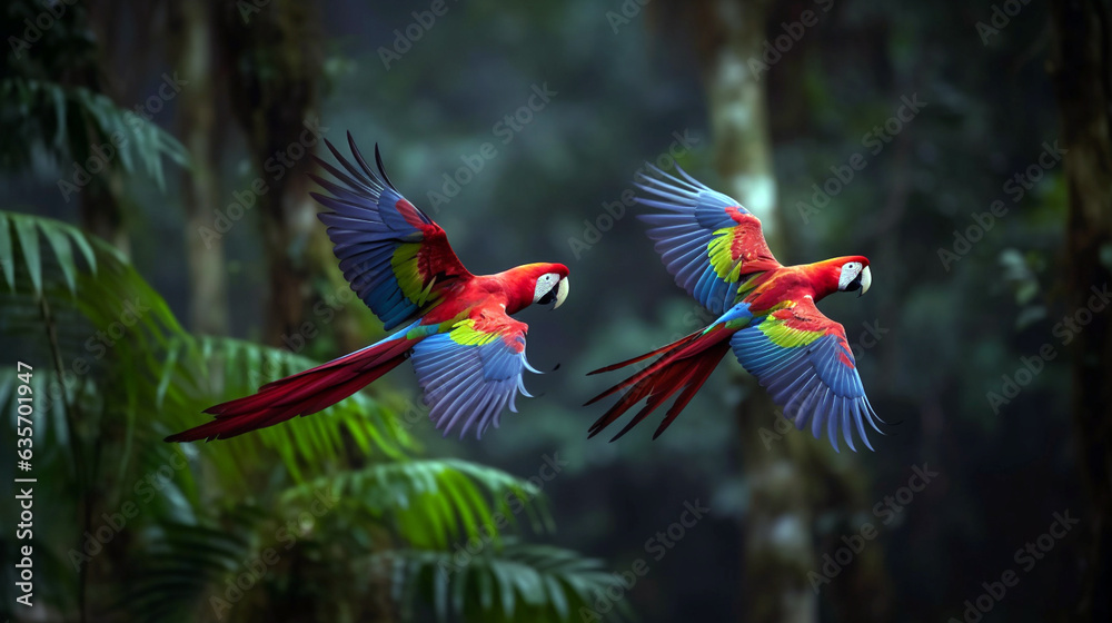 Hybrid parrots in forest. Macaw parrot flying in dark green vegetation ...