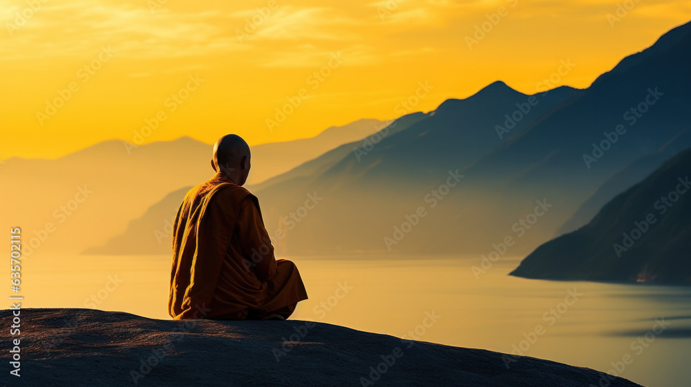 Buddhist monk in meditation beside the river with beautiful nature ...