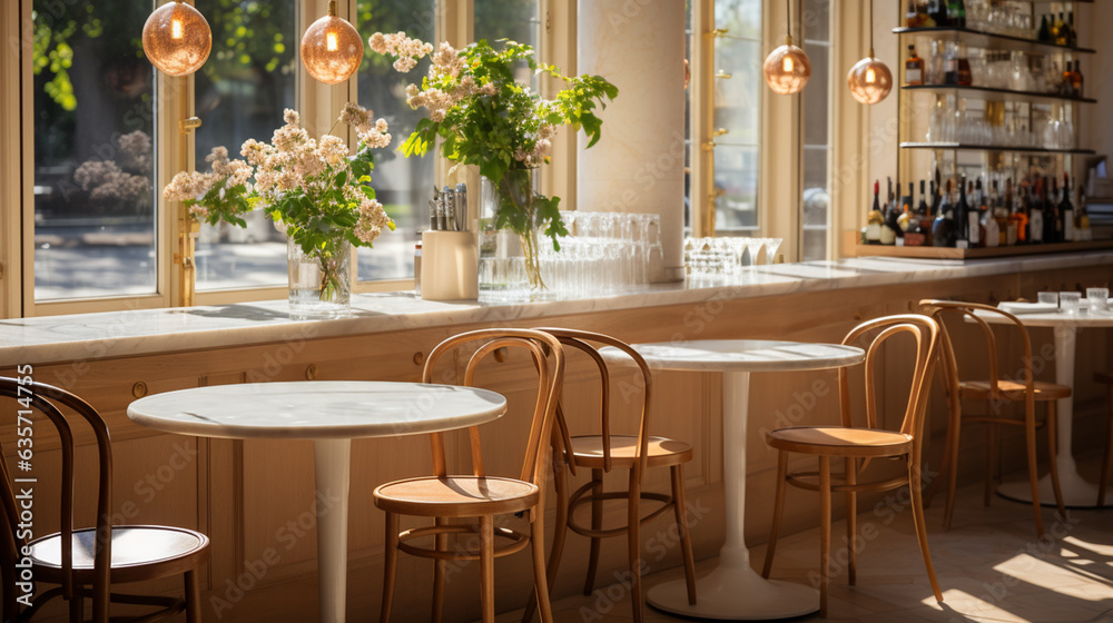 Restaurant interior background, modern decorated with flowers and green ...