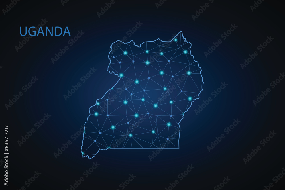 Map of Uganda. Wire frame 3D mesh polygonal network line, design sphere ...