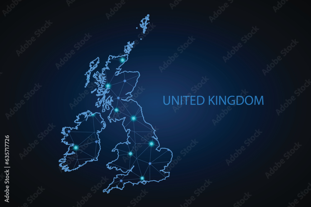 Map of United Kingdom. Wire frame 3D mesh polygonal network line ...