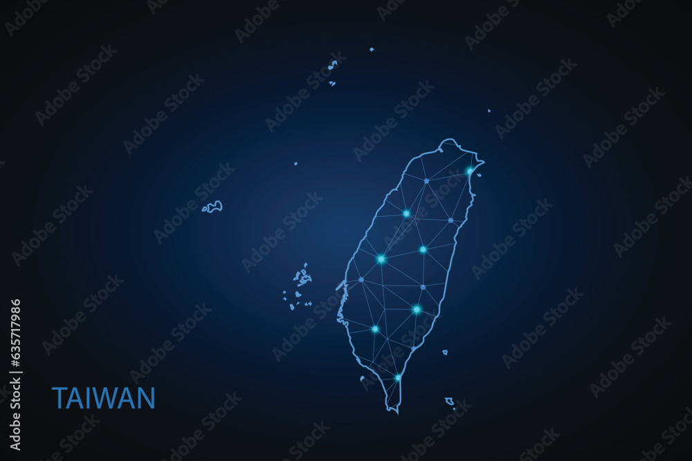 Map of Taiwan. Wire frame 3D mesh polygonal network line, design sphere ...