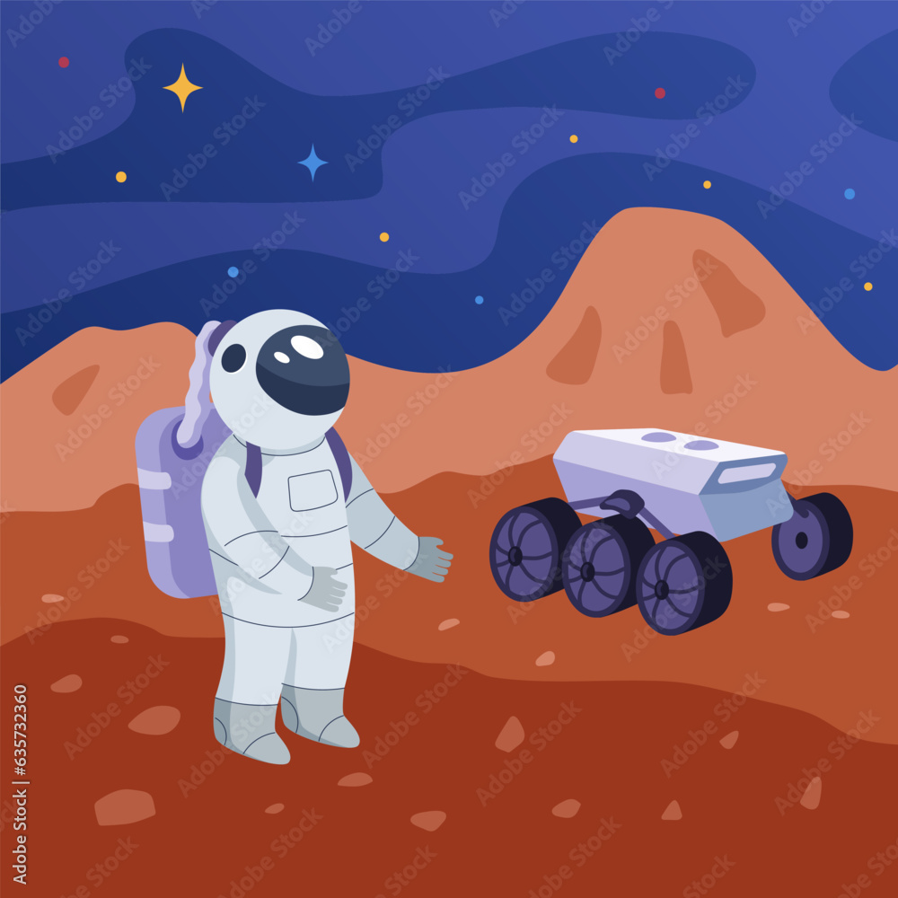 Poster with astronaut and Mars rover vector illustration. Cartoon ...