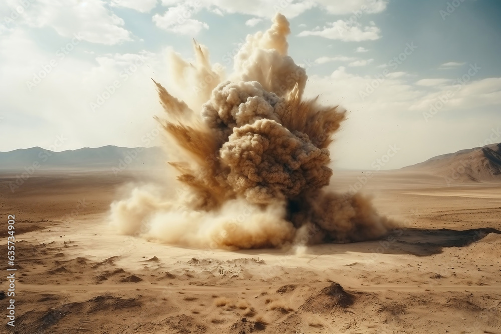 Nuclear explosion in the desert. Puffs of sand and ash against the sky ...
